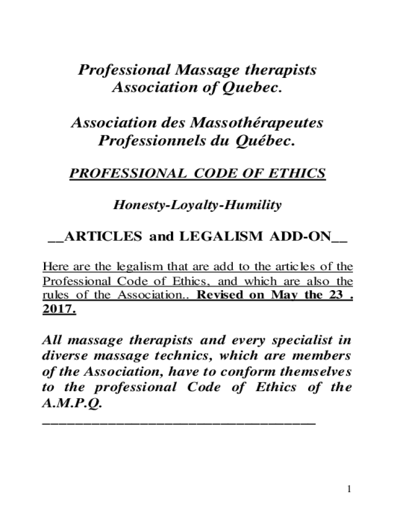 Fillable Online Our Association's code of Ethics Massage therapy ...