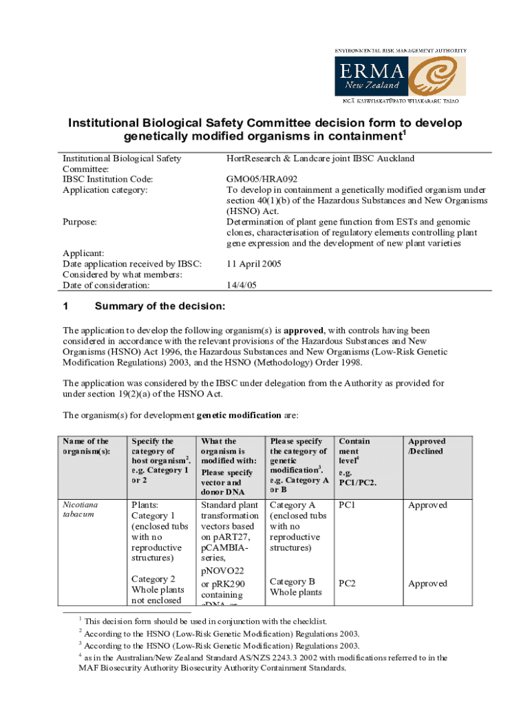Fillable Online Institutional Biological Safety Committee decision form ...
