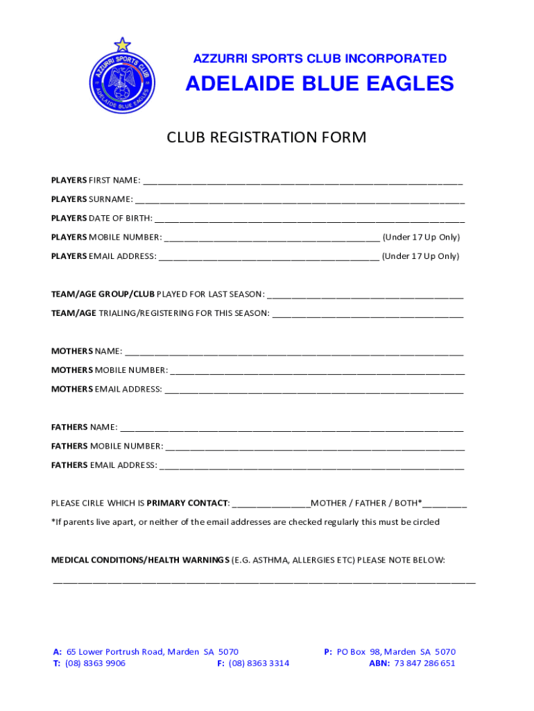 Fillable Online adelaide blue eagles - club registration form Fax Email ...