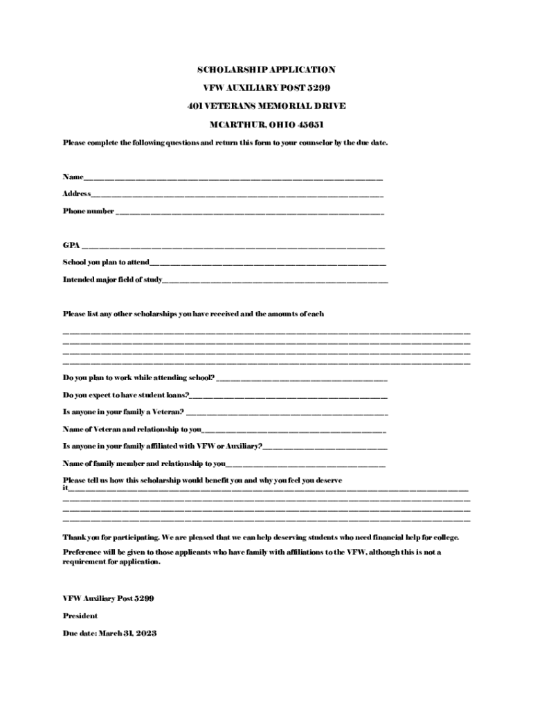 Fillable Online Scholarships - VFW Auxiliary National ... Fax Email ...