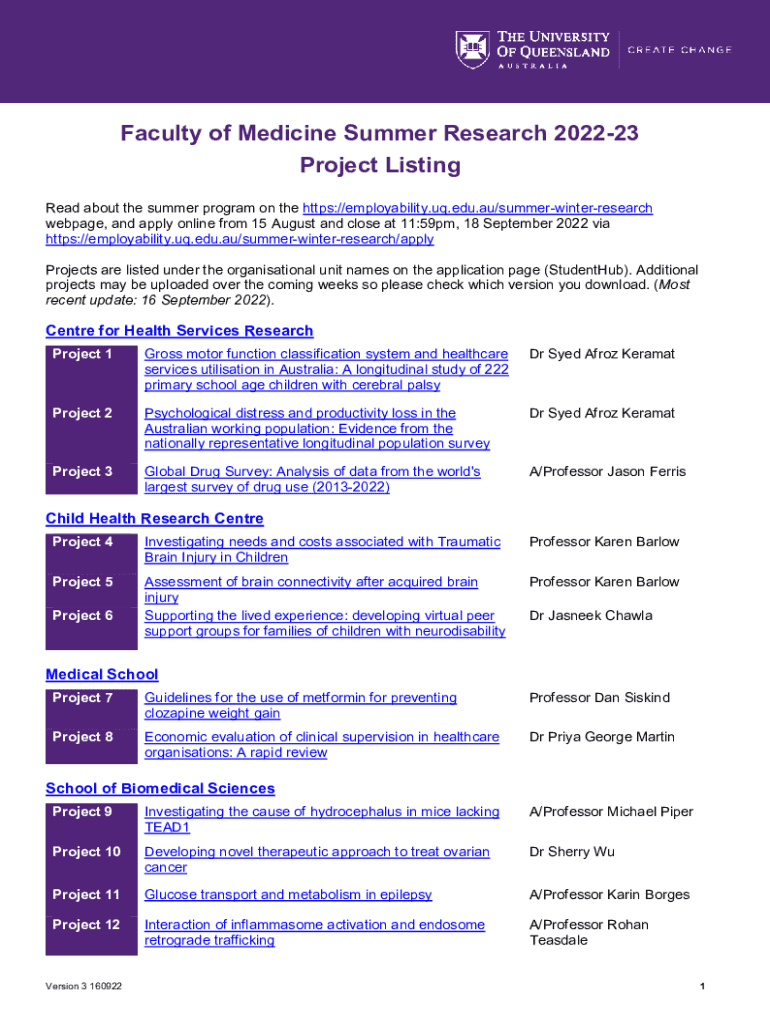 Fillable Online medicine uq edu Submit a Summer Research Project ...