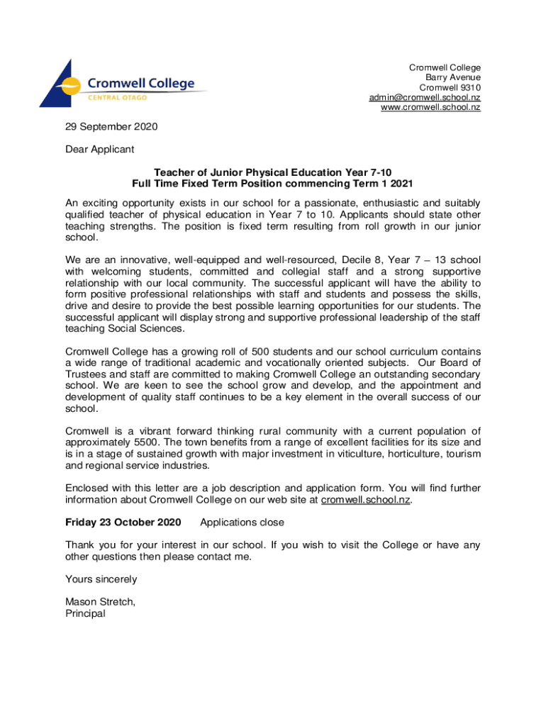 Fillable Online cromwell school Homeroom Teacher (Year 7 - 8) Full Time ...