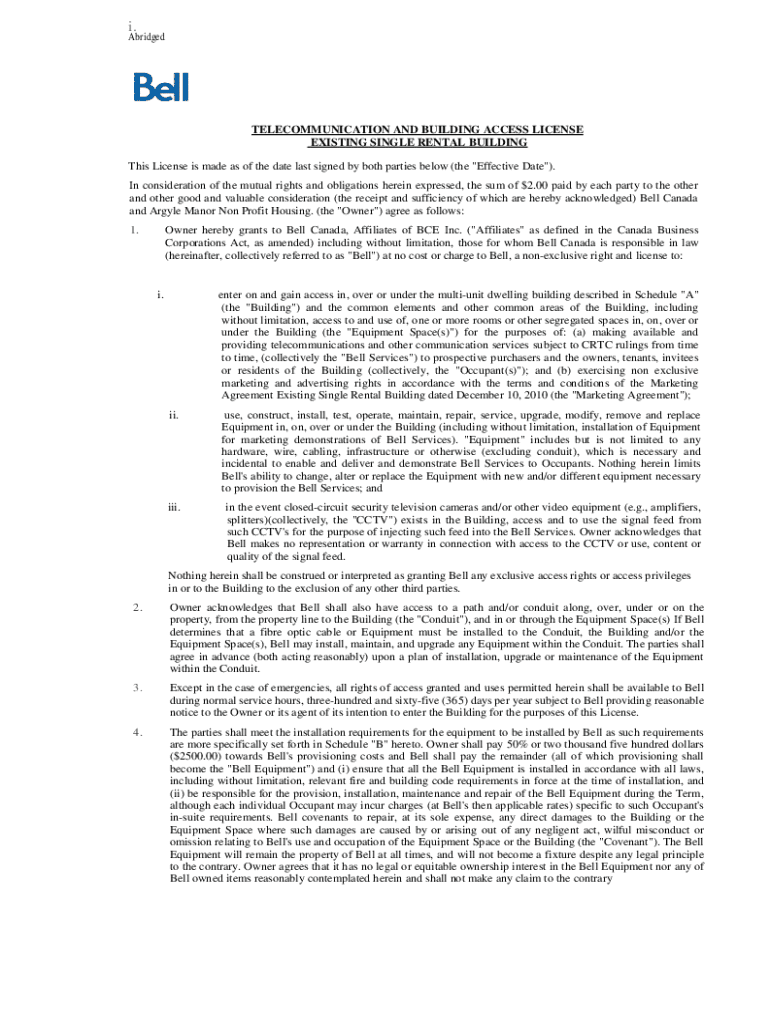 Fillable Online abridged telecommunication and building access license ...