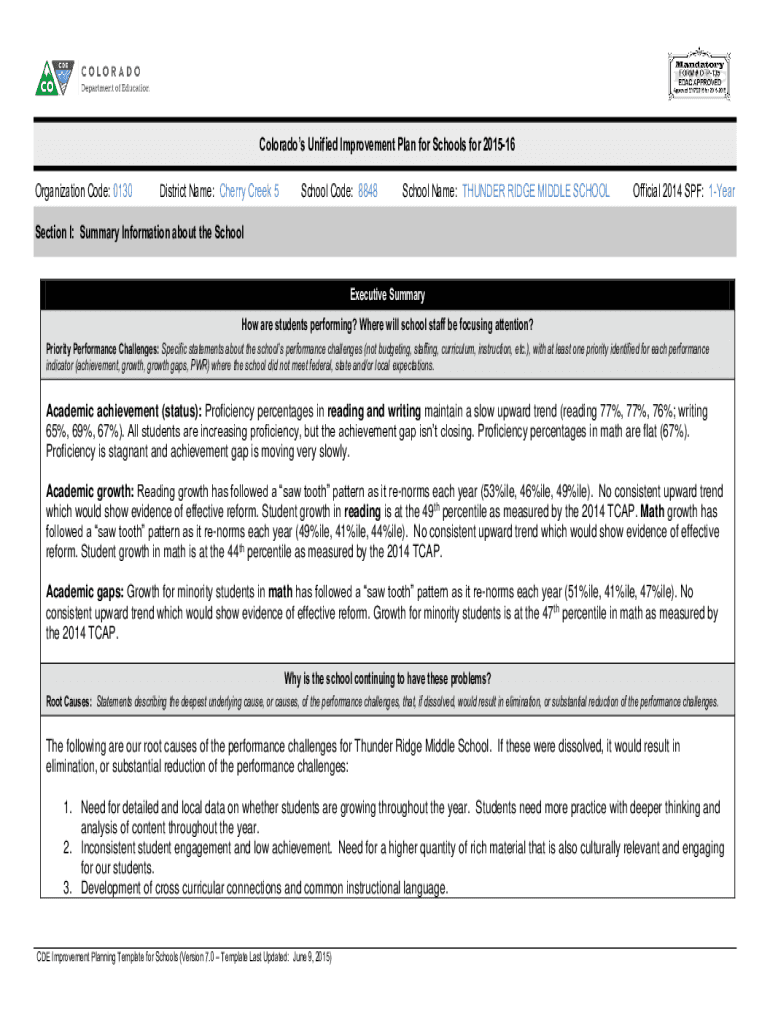 Fillable Online cedar2 cde state co Thunder Ridge Middle School in ...