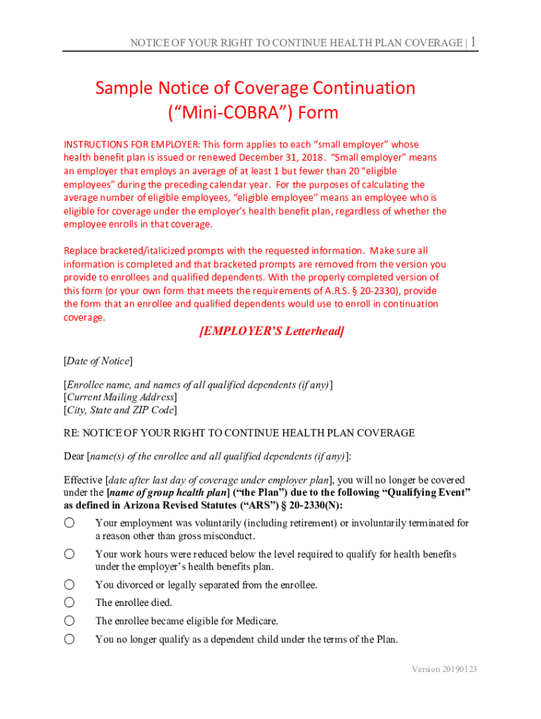 Fillable Online Sample Notice of Coverage continuation ("Mini-COBRA ...