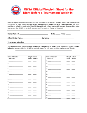 Fillable Online MHSA Official Weigh-In Sheet for the Night Before a ...