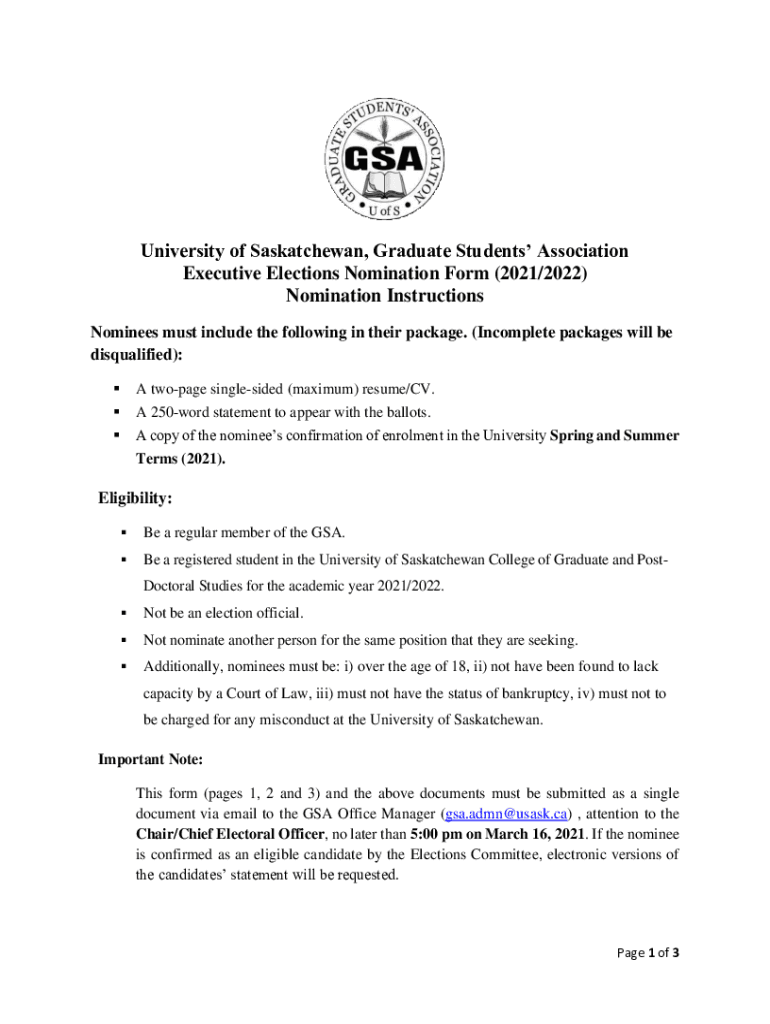 Fillable Online gsa usask Elections and Nominations - Governance ...
