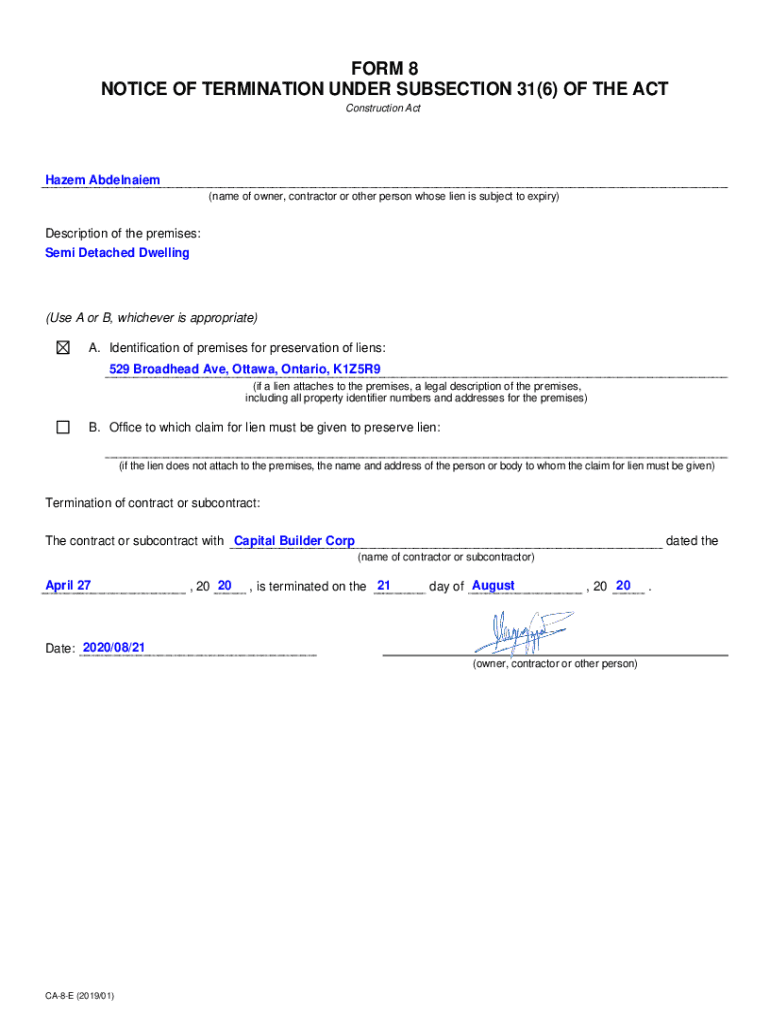 Fillable Online Form 8 - Notice of Termination - constructconnect.com ...
