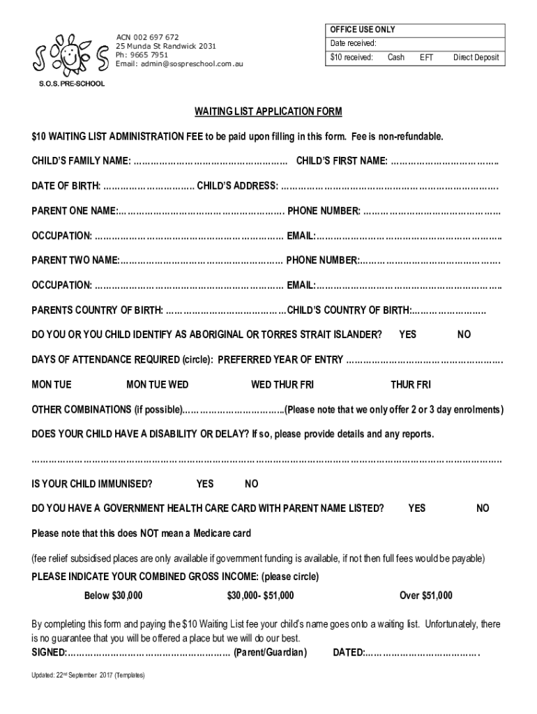 Fillable Online WAITING LIST APPLICATION FORM $10 ... Fax Email Print ...