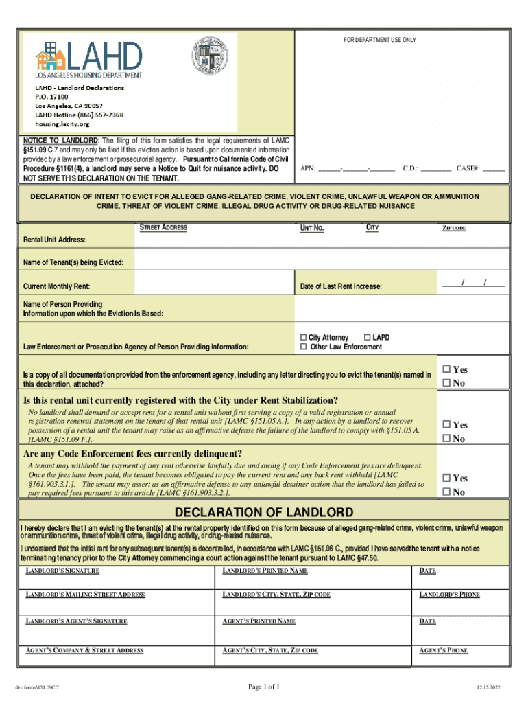 Fillable Online Declaration of Intent to Evict for Drug Nuisance, Drug ...