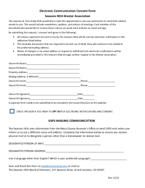 Fillable Online Electronic Communication Consent Form Seasons HOA Master ... Fax Email Print ...