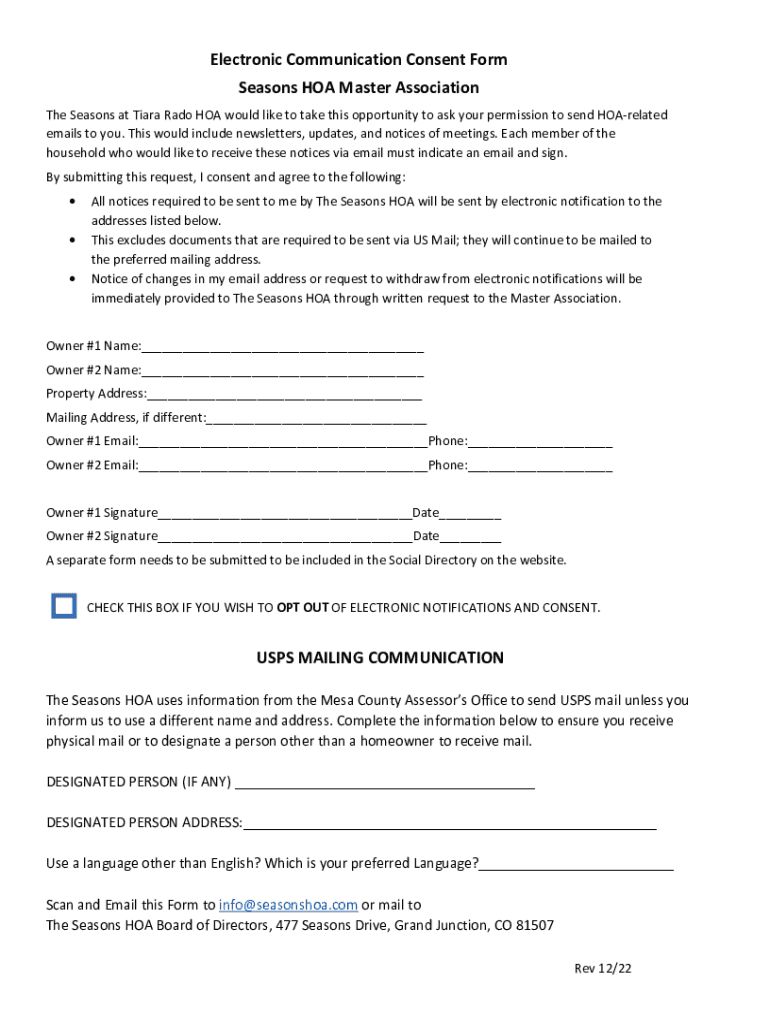 Fillable Online Electronic Communication Consent Form Seasons HOA ...