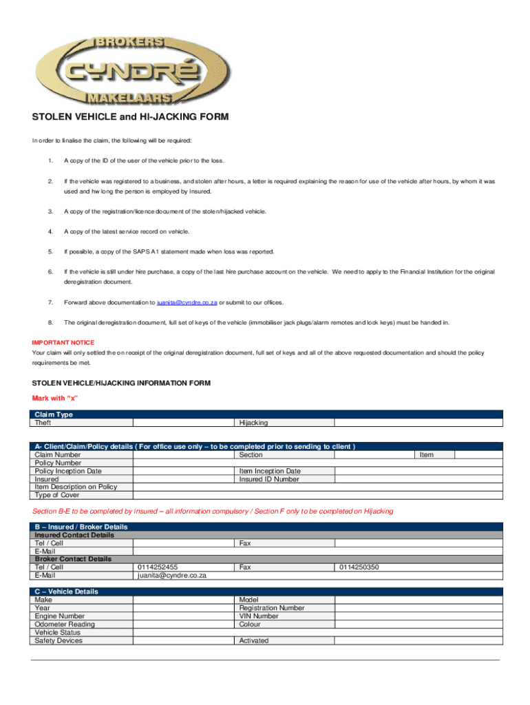 Fillable Online STOLEN VEHICLE and HI-JACKING FORM COVER LETTER Fax Email Print - pdfFiller