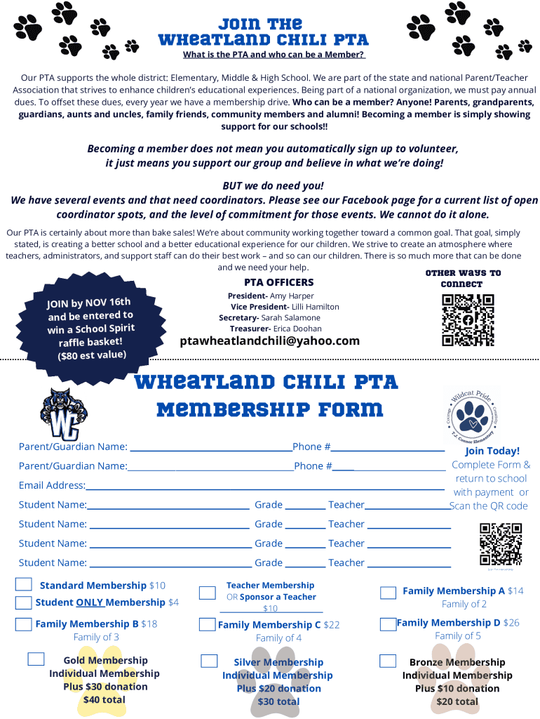 Fillable Online Wheatland Chili Central School PTA Membership Form Fax ...