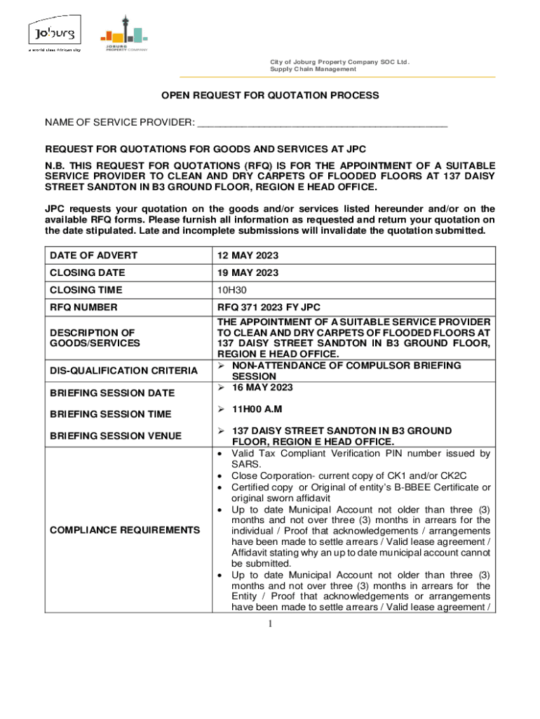 Fillable Online jhbproperty co Get the free THIS REQUEST FOR QUOTATIONS (RFQ) IS ONLY ... Fax ...