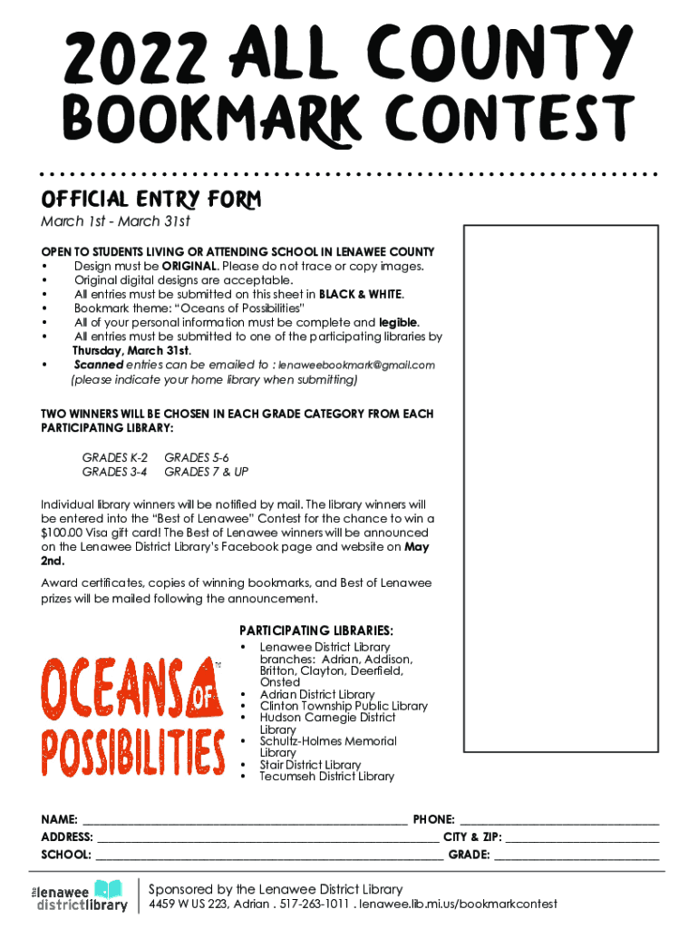 Fillable Online lenawee lib mi Our annual bookmark contest is ...