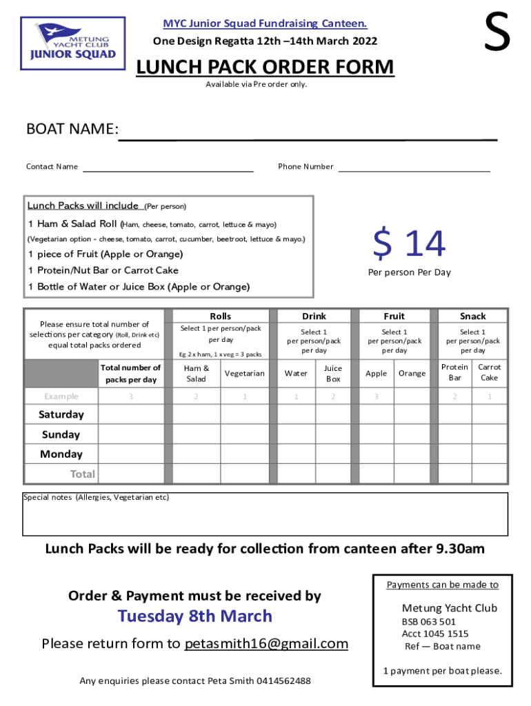 Fillable Online LUNCH PACK ORDER FORM Fax Email Print - pdfFiller