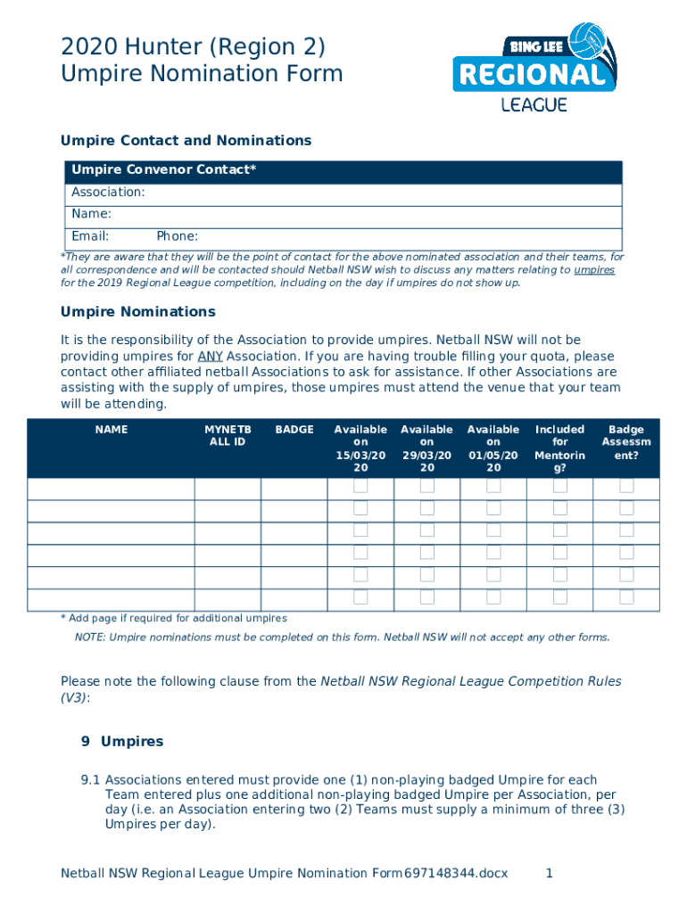 2020 North Coast (Region 7) Umpire Nomination Doc Template | pdfFiller
