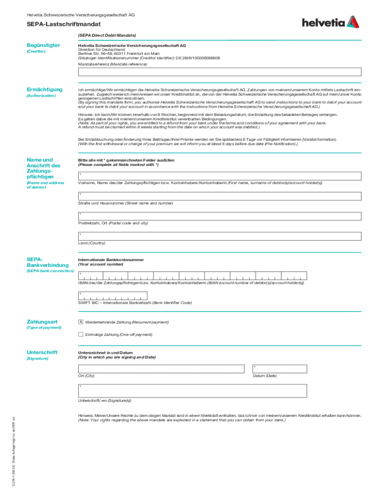 Ausfüllbar Online Formular Helvetia SEPA-Mandat Nicht LebenPrivat ...