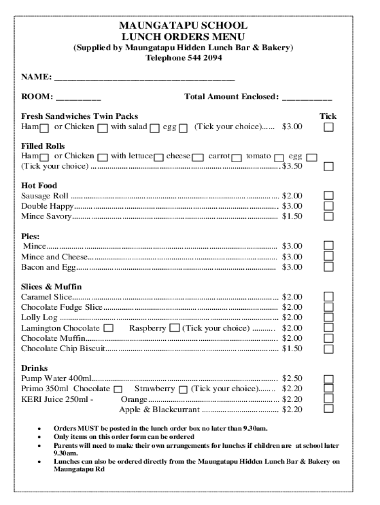 Fillable Online Fillable Online MAUNGATAPU SCHOOL LUNCH ... Fax Email ...
