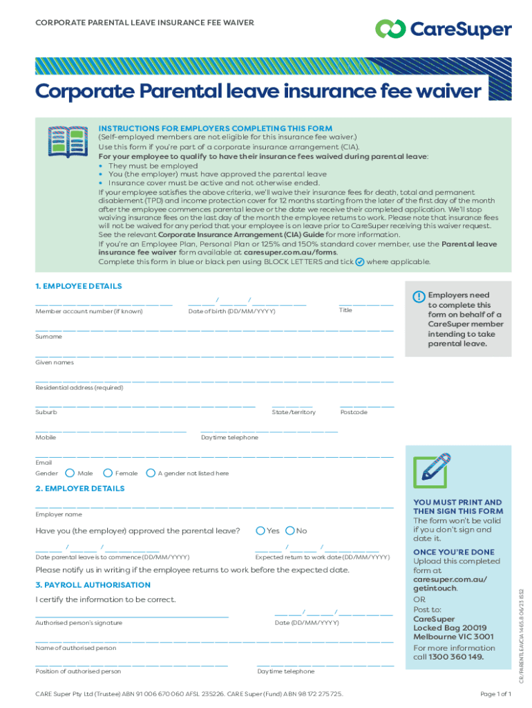 Fillable Online Fee-free insurance cover while you're on parental leave ...