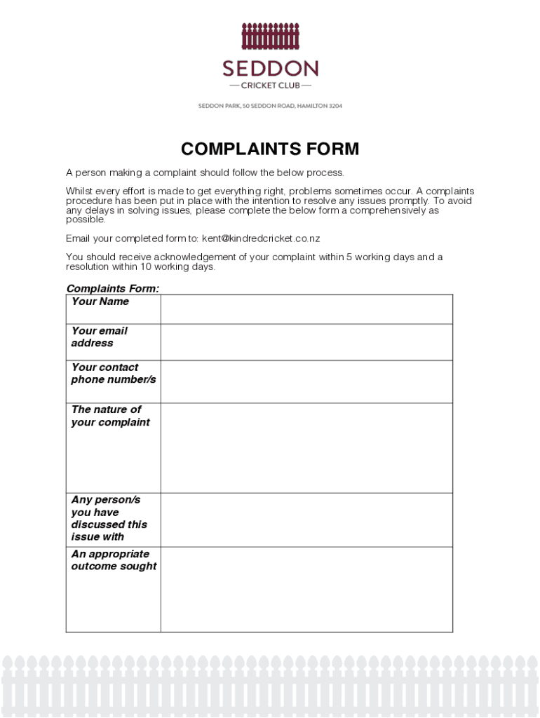 Fillable Online Seddon Cricket Club - Compliants Form Fax Email Print ...