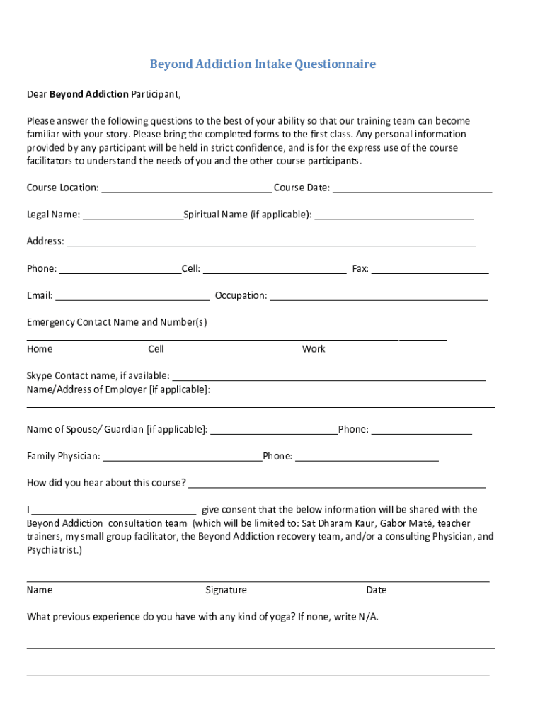 Fillable Online Beyond Addiction Intake Form & Program Waiver.docx Fax ...