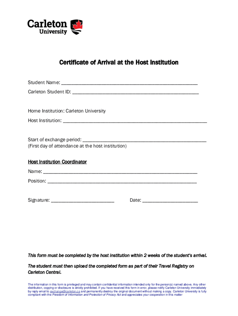 Fillable Online Certificate of Arrival at the Host Institution Fax Email Print - pdfFiller