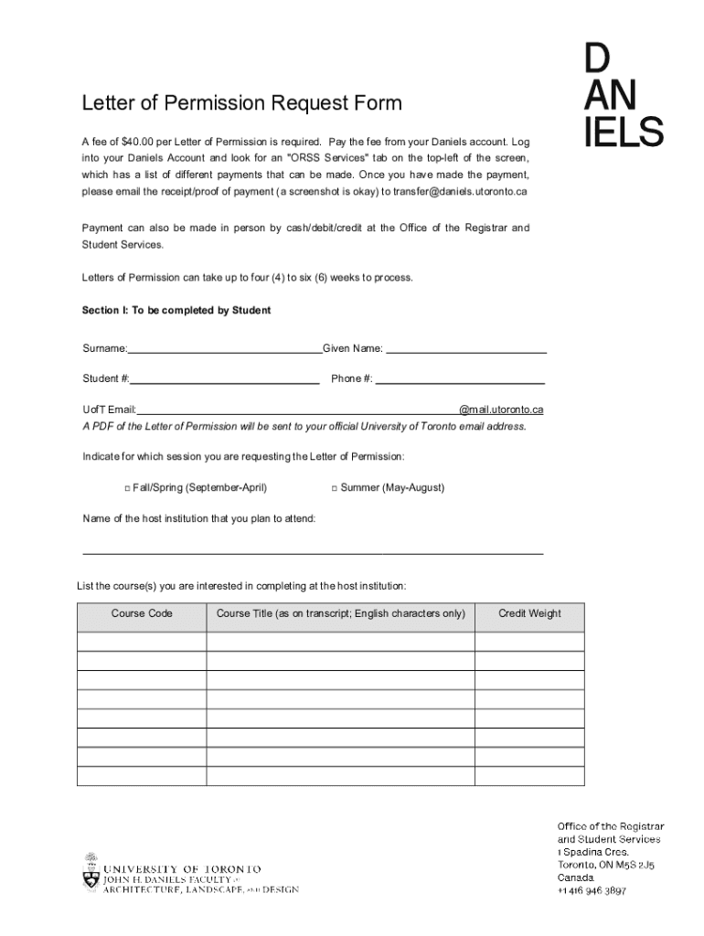 Fillable Online Letter of Permission Request Form - Daniels Faculty Fax ...