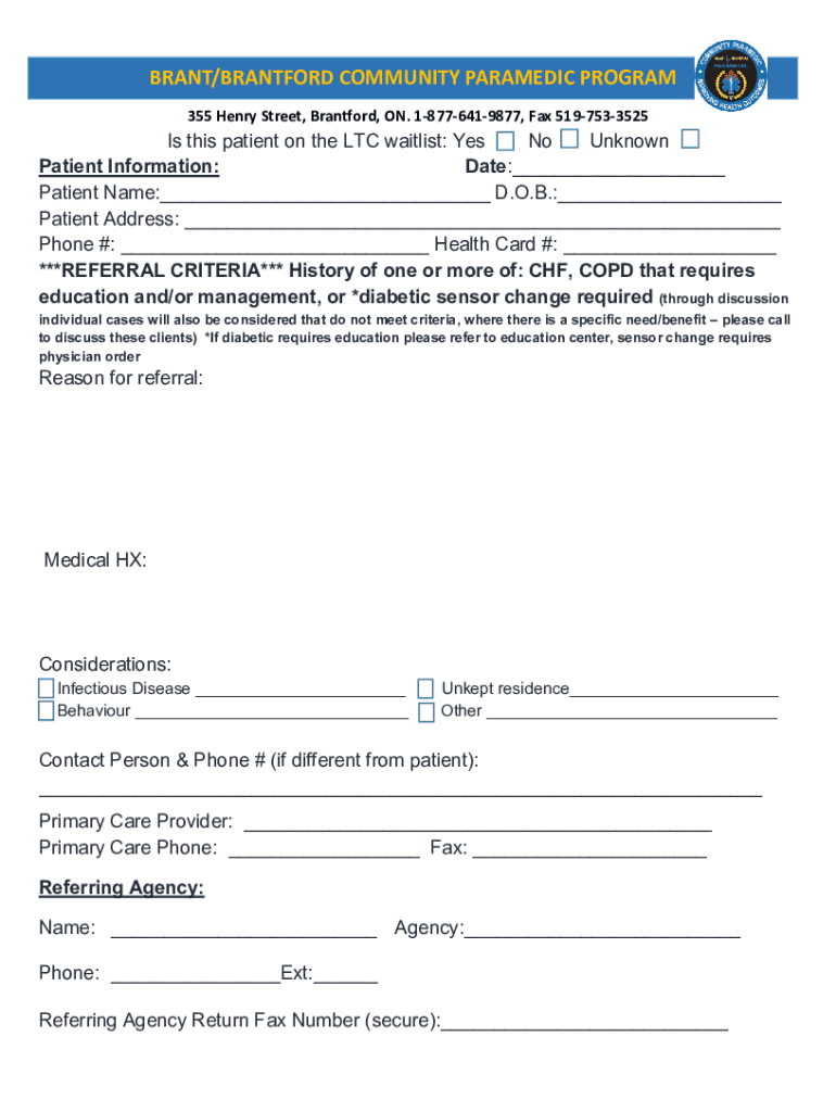 Fillable Online Brant/Brantford Community Paramedic Program Fax Email ...