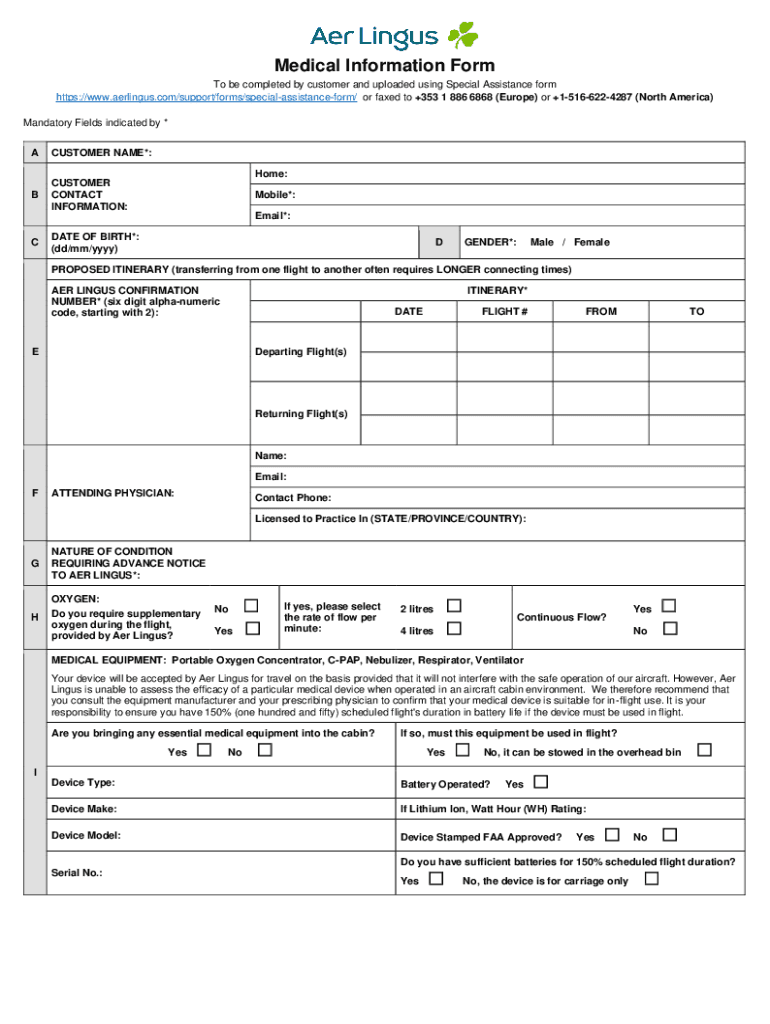 Aer lingus medical information form: Fill out & sign online | DocHub