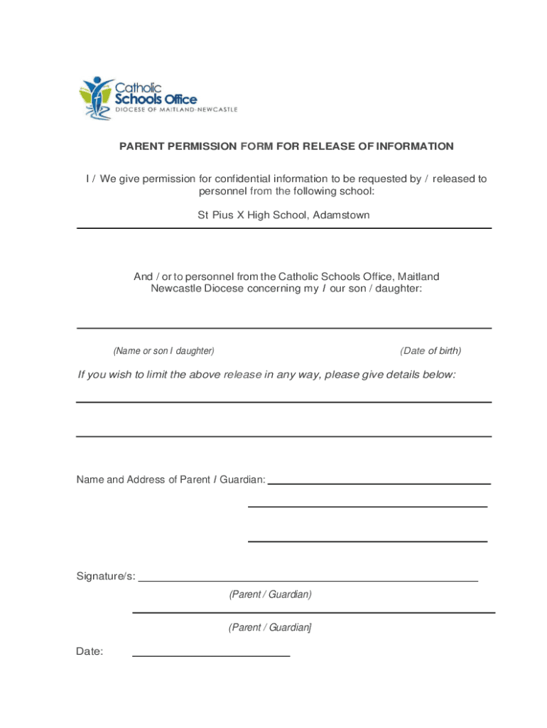 Fillable Online Parent Permission Form for Release of Information Fax ...