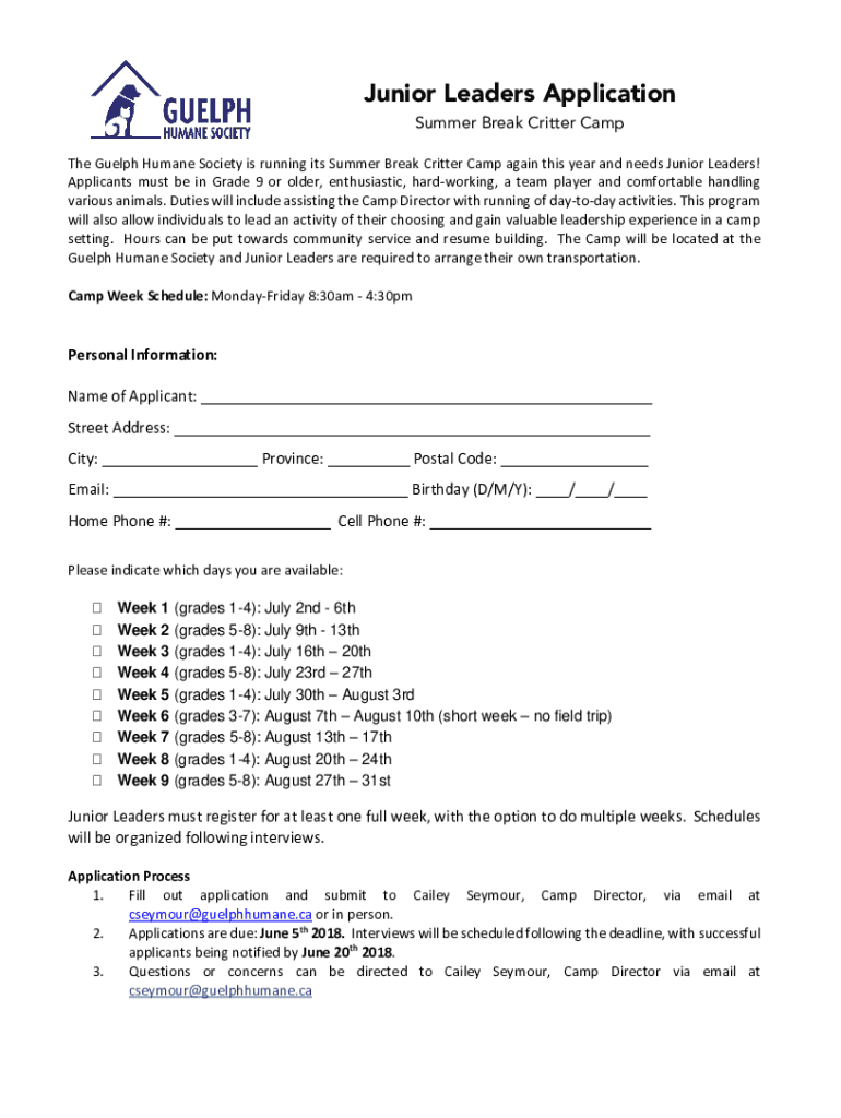Fillable Online Summer-Camp-Junior-Leader-Application. ... Fax Email ...