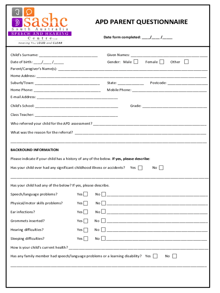 Fillable Online APD PARENT QUESTIONNAIRE - Speech Pathologist Adelaide ...