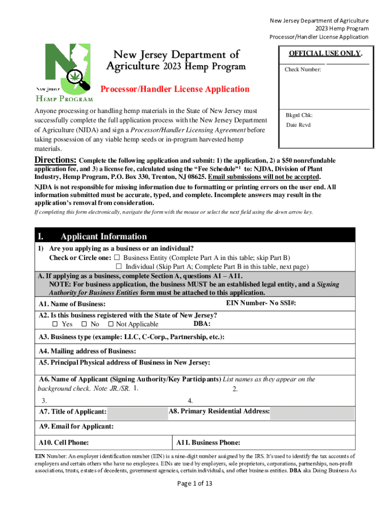 Fillable Online New Jersey Department of Agriculture 2023 Hemp Program ...