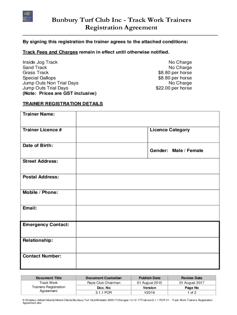 Fillable Online Track Work Trainers Registration Agreement Fax Email ...