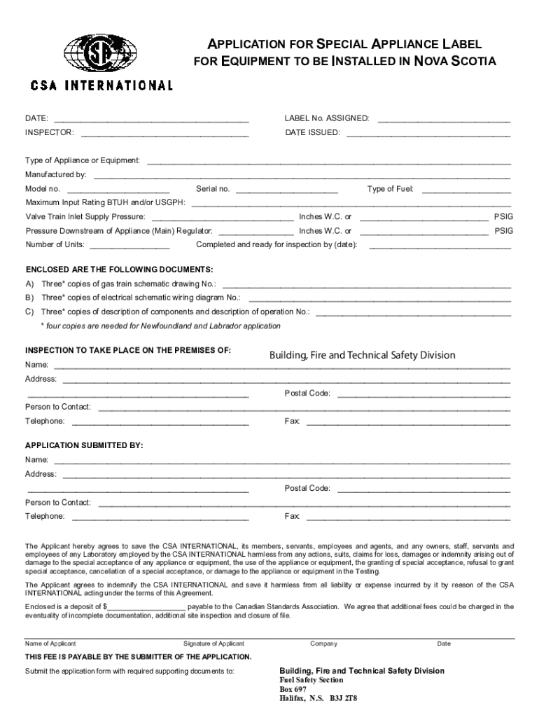 Fillable Online CSA International Application for Special Applicance ...