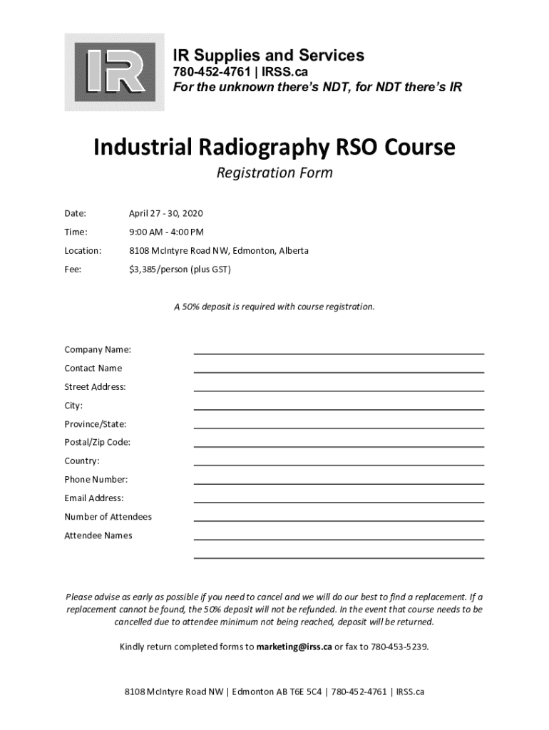 Fillable Online Industrial Radiography RSO Course Registration Form Fax ...