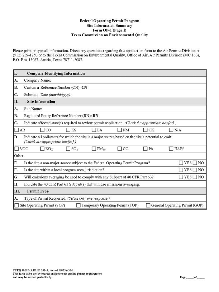 Fillable Online TCEQ Form 10002 - OP-1 - Instructions Site Information ...