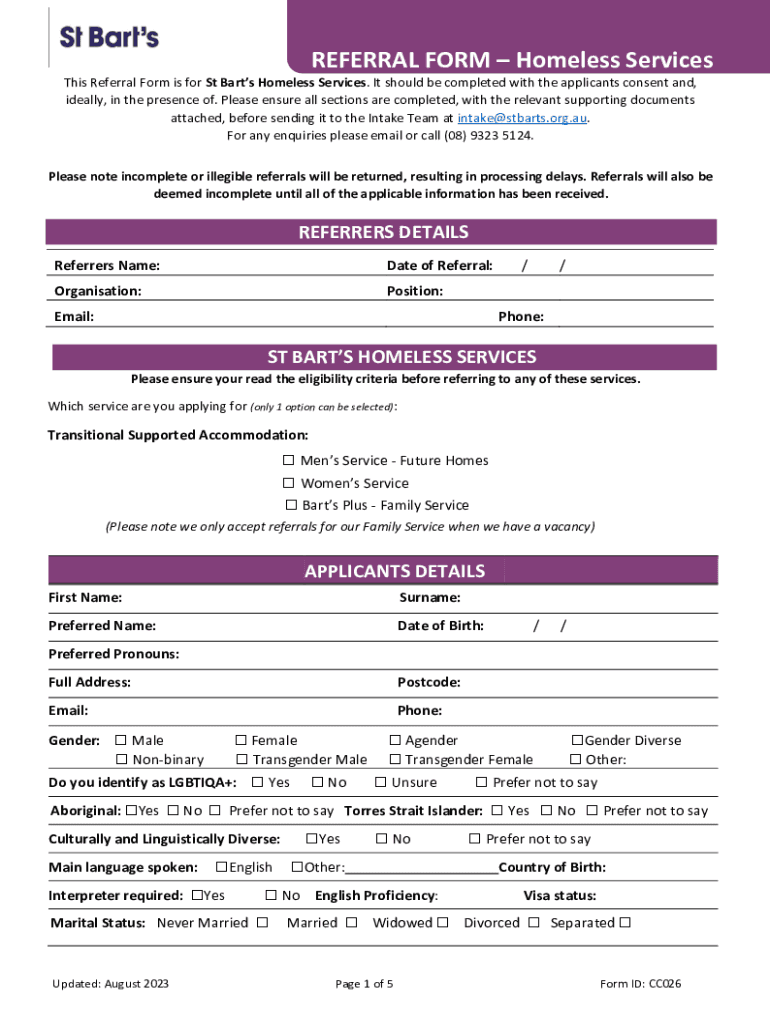Fillable Online stbarts org REFERRAL FORM Homeless Services St Bart's ...