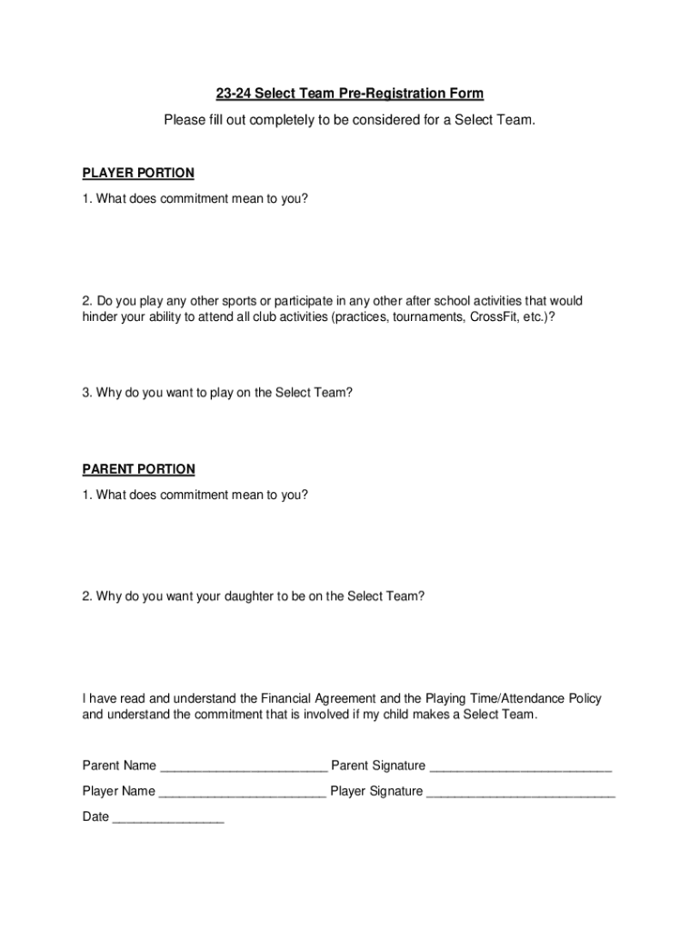 Fillable Online 23-24 Select Team Pre-Registration Form Fax Email Print ...