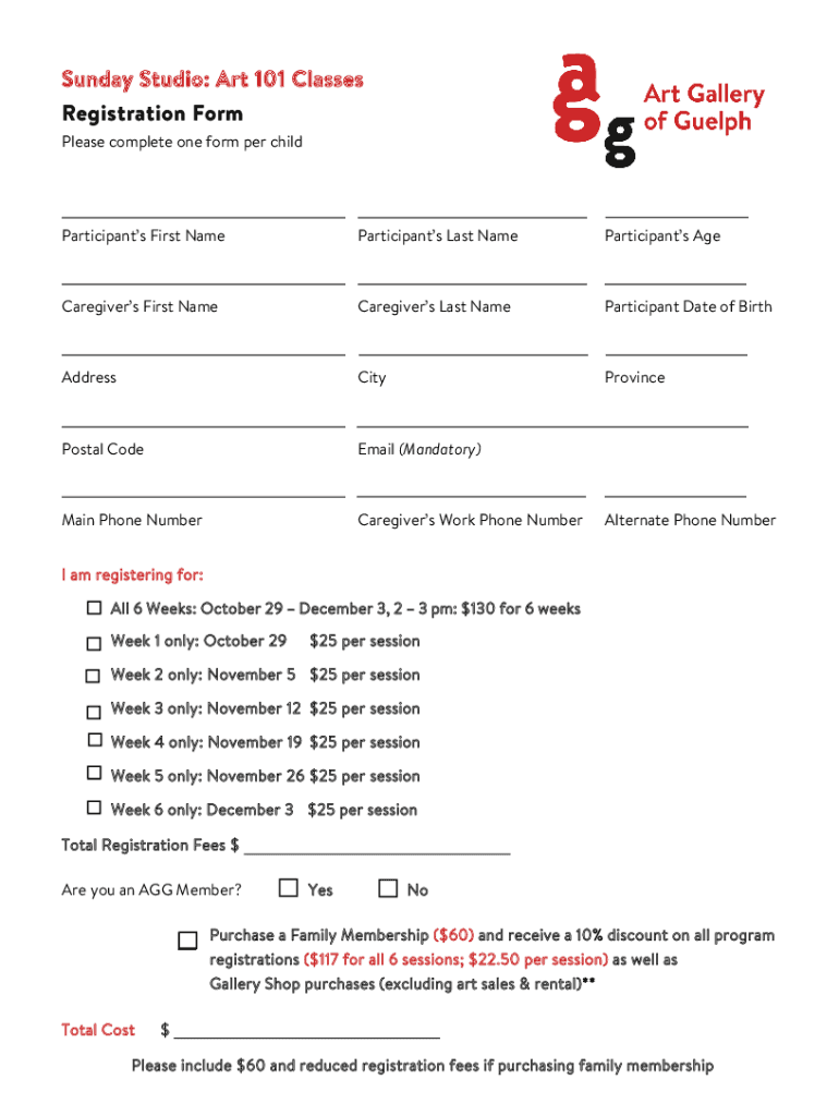 Fillable Online Sunday Studio: Art 101 Classes Registration Form Fax ...