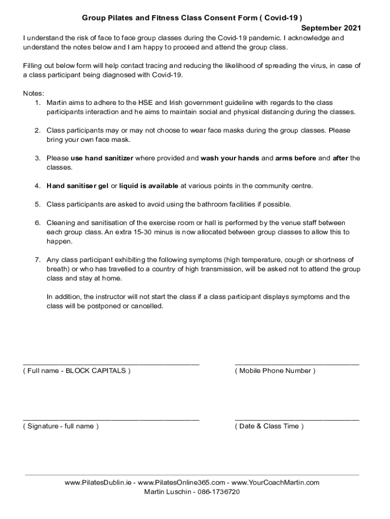 Fillable Online COVID-19 Consent Form Group Pilates, Fitness Class in ...