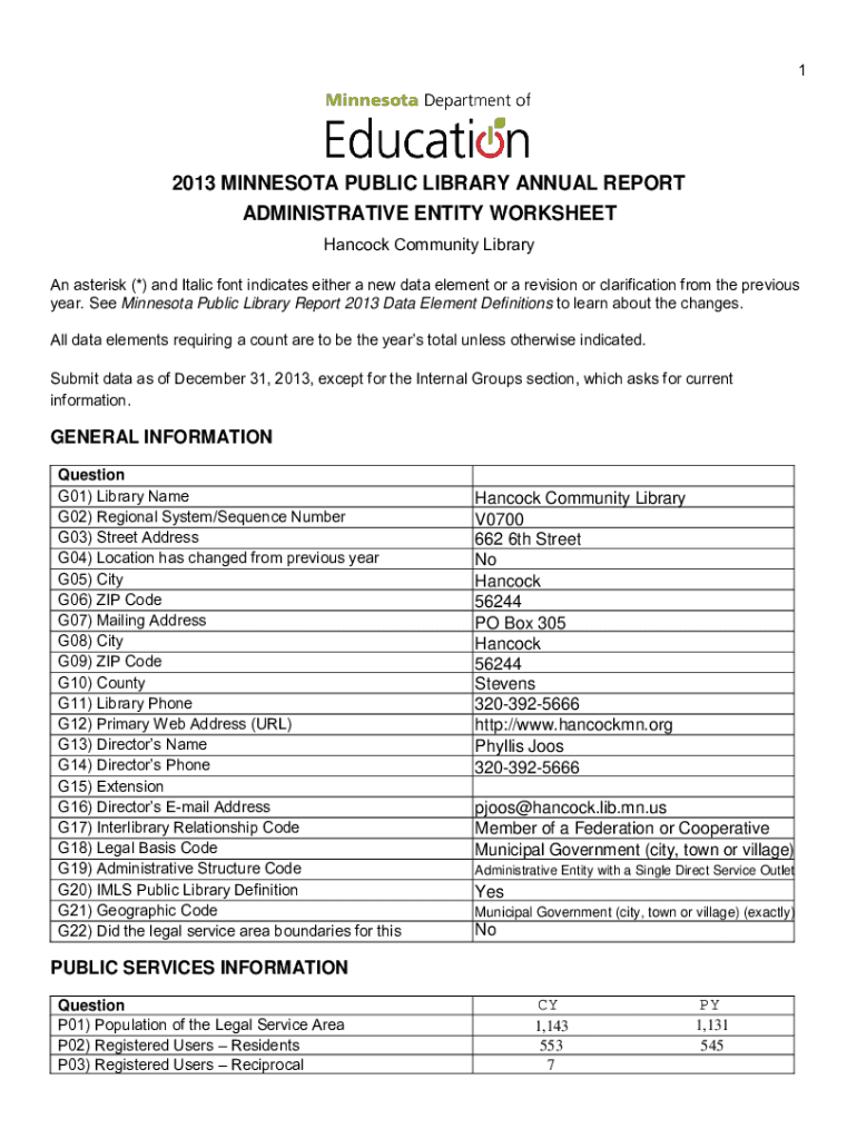 Fillable Online education mn Hancock Community Librarywebsite Fax Email ...