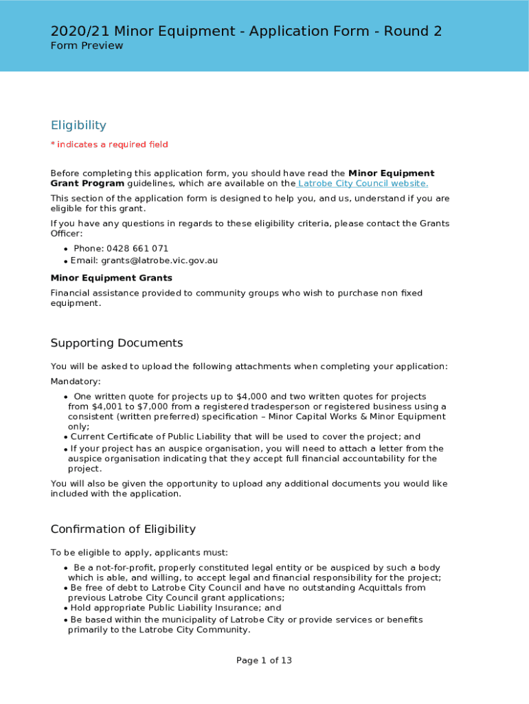 Fillable Online 2020/21 Minor Equipment - Application Form - Round 2 ...