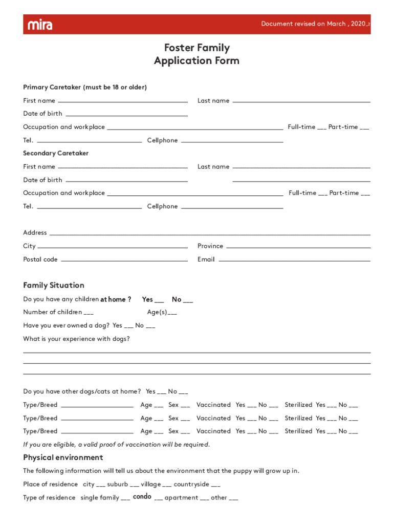 Fillable Online Foster Family Application Form - Fondation Mira Fax ...