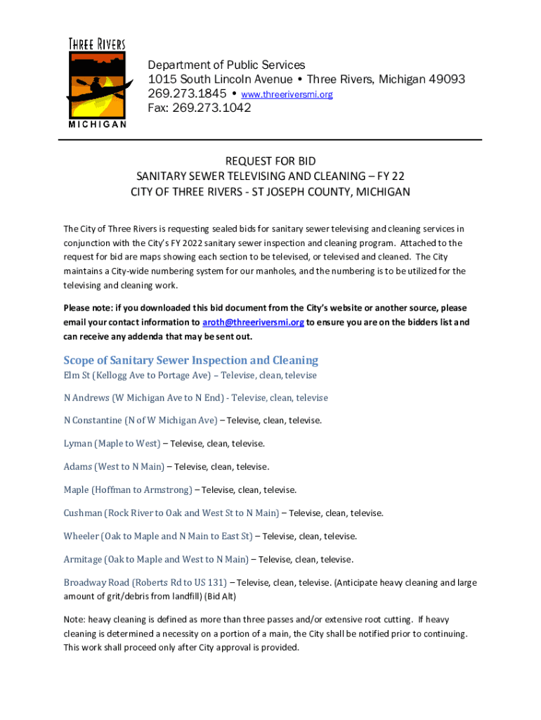 Fillable Online Request for bid sanitary and storm sewer televising and ...