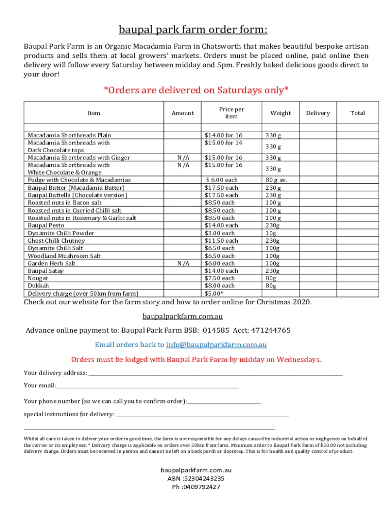 Fillable Online Baupal Park Farm Home Delivery Order Form Fax Email ...