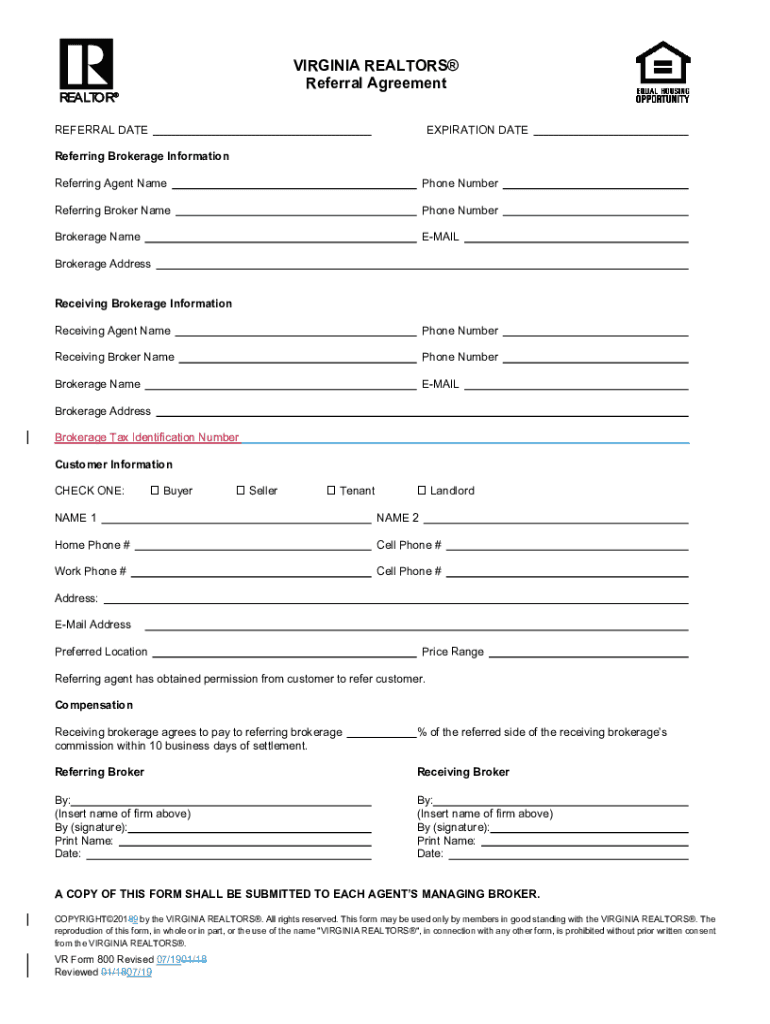 Fillable Online Virginia REALTORS Form 800 - Referral Agreement 2019-07 ...