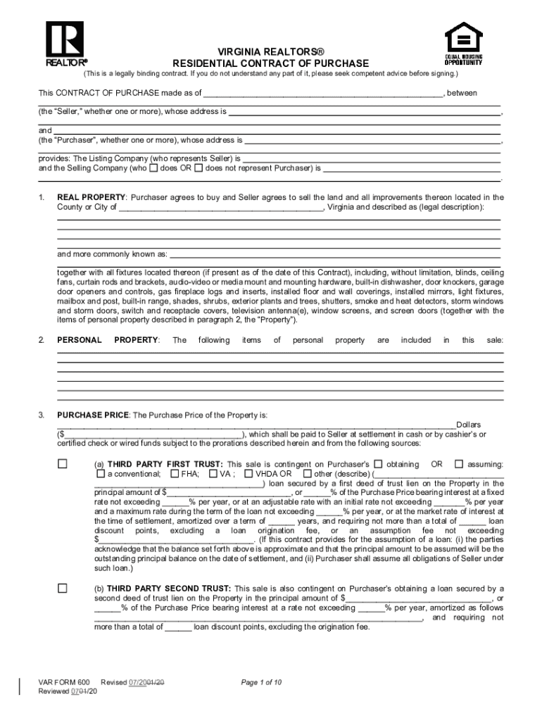 Fillable Online Virginia REALTORS Form 600 - Residential Contract of ...